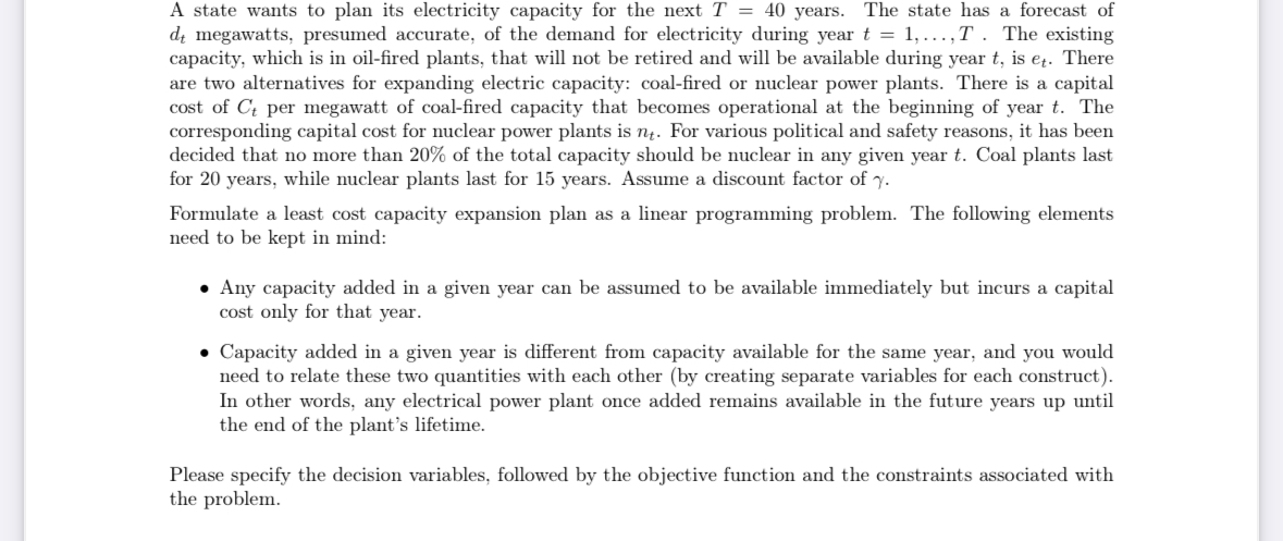 Solved A state wants to plan its electricity capacity for | Chegg.com