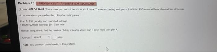 Solved Problem 25. PREVIEW ONLY - ANSWERS NOT RECORDED | Chegg.com