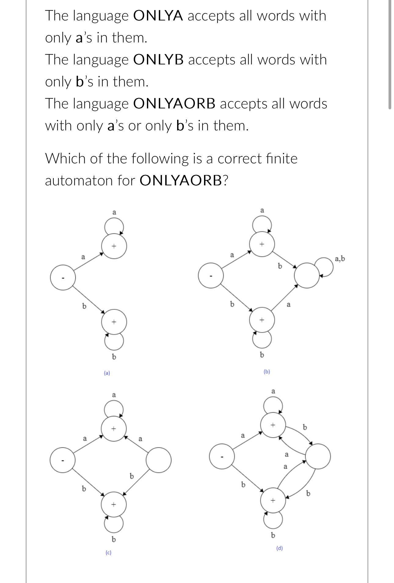 Solved The language ONLYA accepts all words with only a's in | Chegg.com