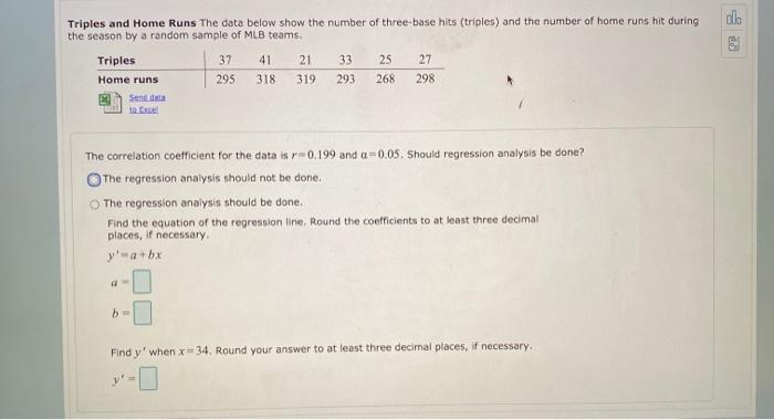 Solved dlo Triples and Home Runs The data below show the | Chegg.com