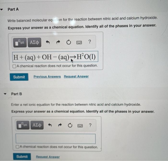 Solved Part A Write balanced molecular equation for the | Chegg.com