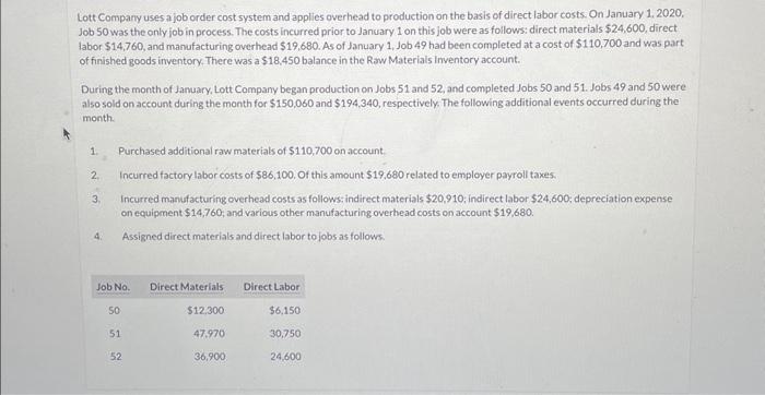 Solved Lott Company uses a job order cost system and applies | Chegg.com