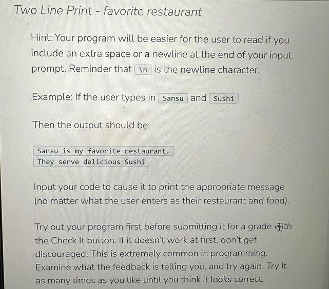 Solved wo Line Print - favorite restaurant Get input from | Chegg.com