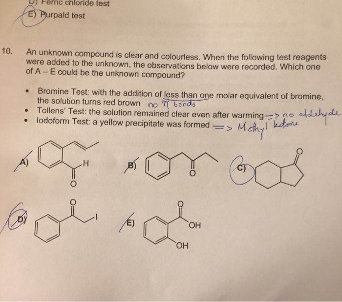 Solved D) Ferric chloride test E) Purpald test An unknown | Chegg.com