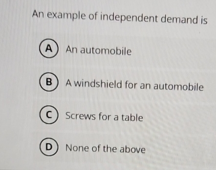 Solved An example of independent demand is(A) ﻿An | Chegg.com