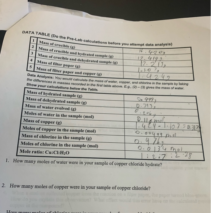 Solved 2 DATA TABLE (Do the Pre-Lab calculations befo Mass | Chegg.com