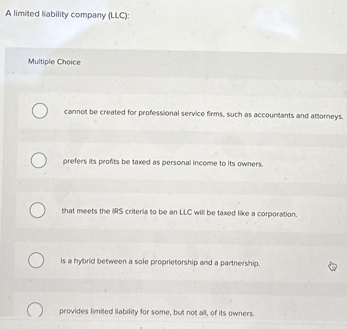 Solved A limited liability company (LLC):Multiple | Chegg.com