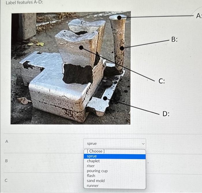 Solved Label features A-D: A B C sprue Choose] sprue chaplet | Chegg.com