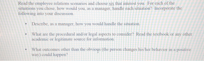 Solved Read the employee relations scenarios and choose six | Chegg.com