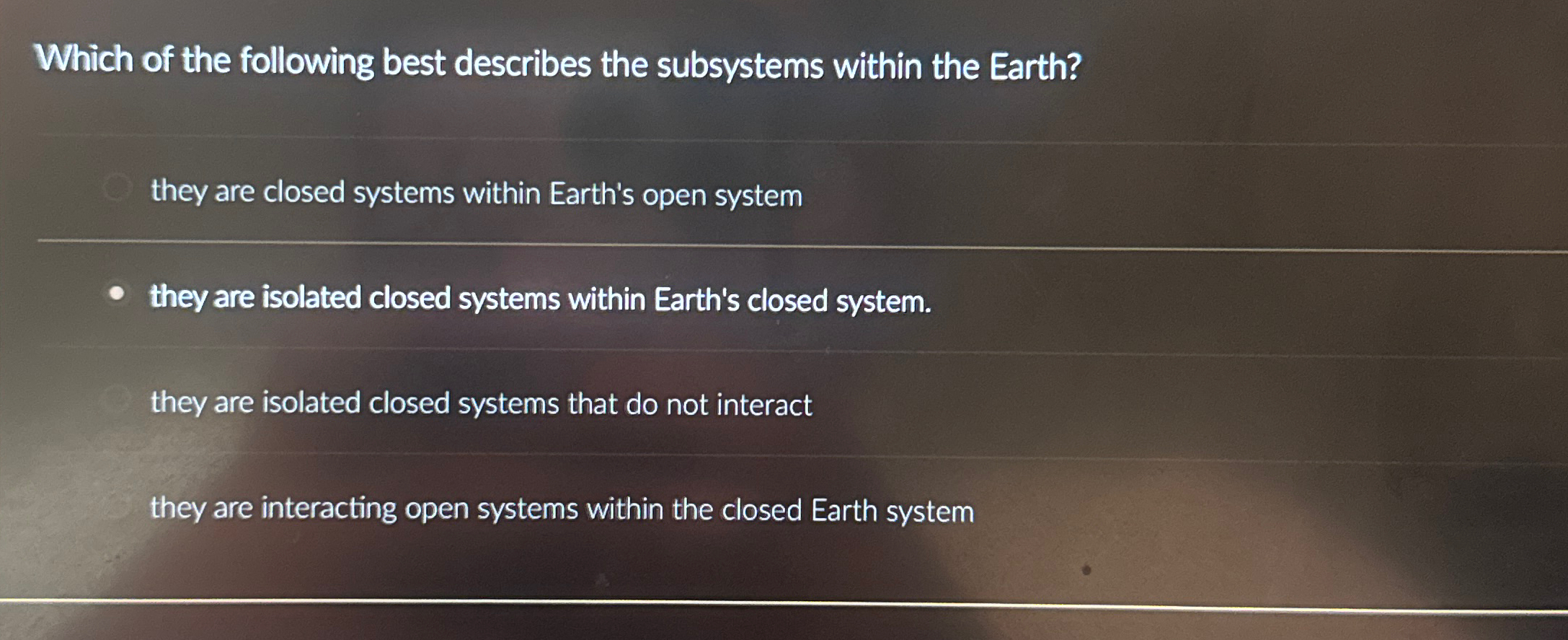 Solved Which of the following best describes the subsystems | Chegg.com