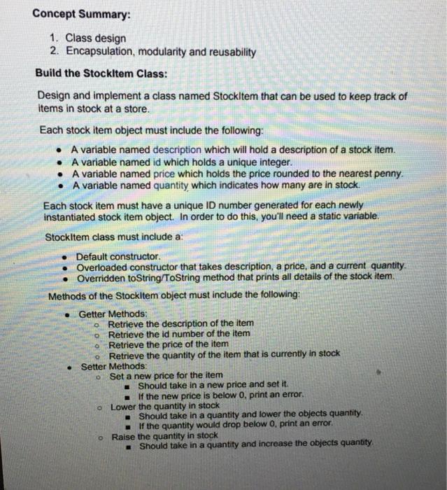 Solved Concept Summary: 1. Class design 2. Encapsulation, | Chegg.com