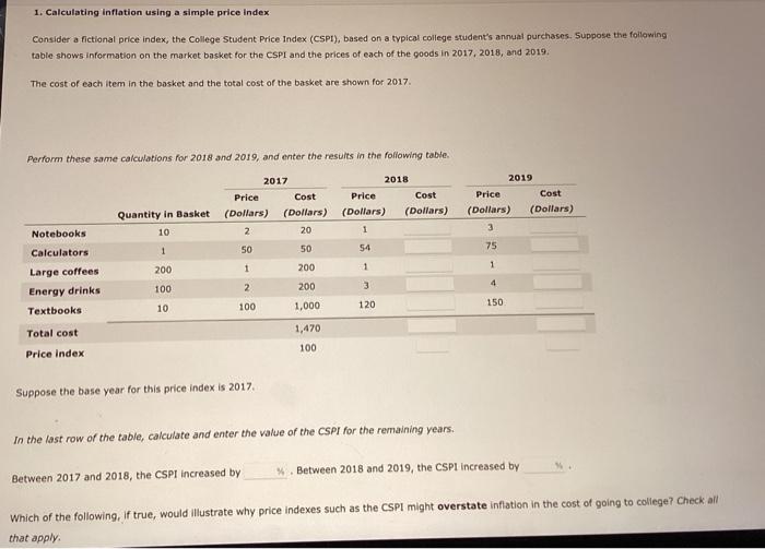 Solved 1. Calculating inflation using a simple price index | Chegg.com