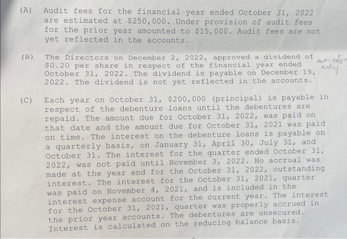 Solved (A) Audit fees for the financial year ended october | Chegg.com