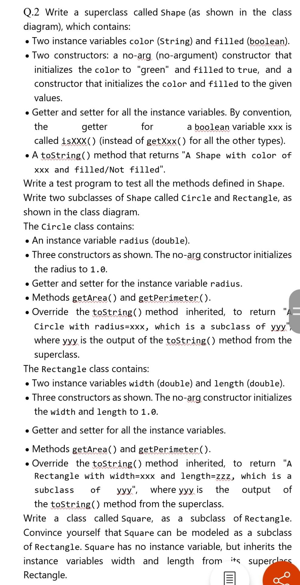 Solved Q.2 Write a superclass called Shape (as shown in the | Chegg.com