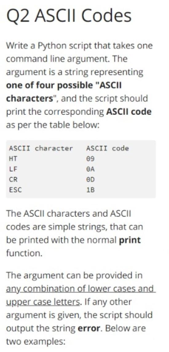 Solved Q2 ASCII Codes Write a Python script that takes on | Chegg.com