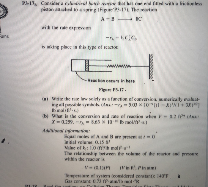 Solved P3-17B Consider a cylindrical batch reactor that has | Chegg.com