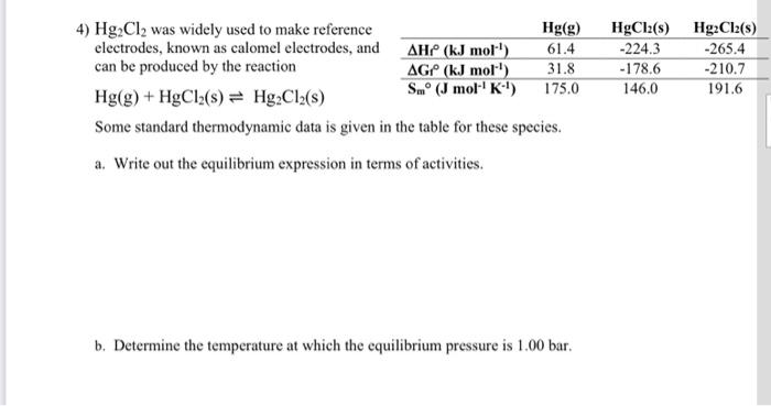 Solved HgCl2(s) -224.3 -178.6 146.0 Hg2Cl(s) -265.4 -210.7 | Chegg.com
