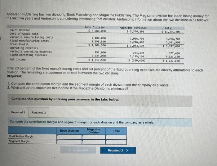 Solved Anderson Publishing has two divisions: Book | Chegg.com