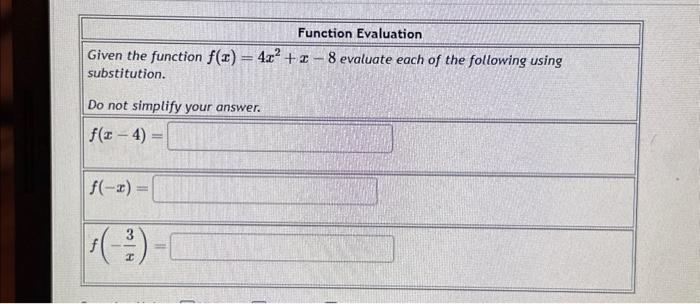 Solved Function Evaluation Given the function f(x)=4x2+x−8 | Chegg.com
