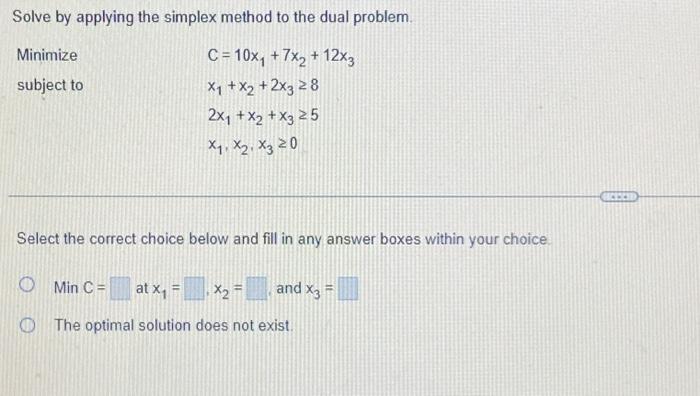 Solved Solve by applying the simplex method to the dual | Chegg.com