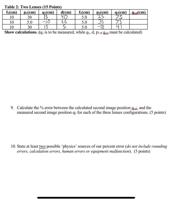 Solved Table 2: Two Lenses (15 Points) Show calculations. ( | Chegg.com