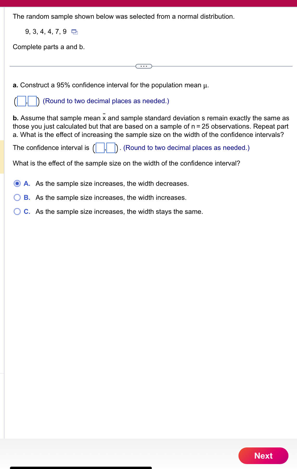 Solved The random sample shown below was selected from a | Chegg.com