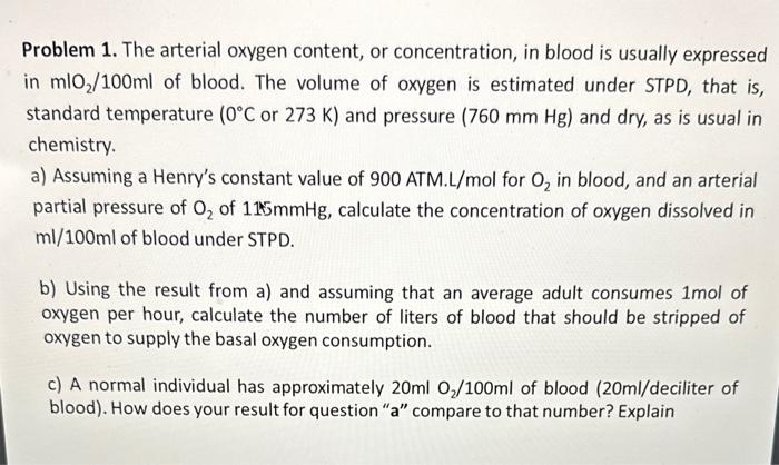 Solved Problem 1. The arterial oxygen content, or | Chegg.com