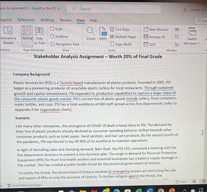 Solved Stakeholder Analysis Assignment – ﻿Worth 20% ﻿of | Chegg.com