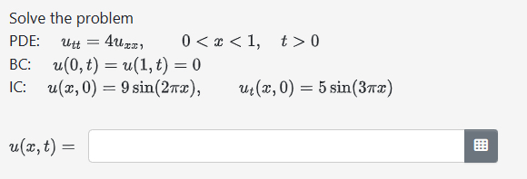 Solve the problem ﻿PDE: utt=4u×,00 ﻿BC: | Chegg.com