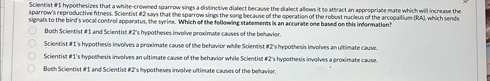 Solved Scientist #1 ﻿hypothesizes that a white-crowned | Chegg.com