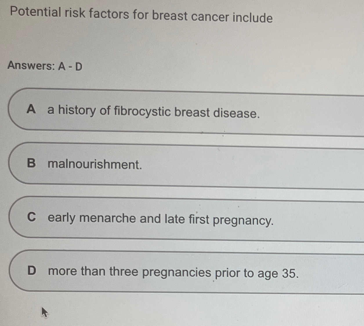 Solved Potential risk factors for breast cancer | Chegg.com