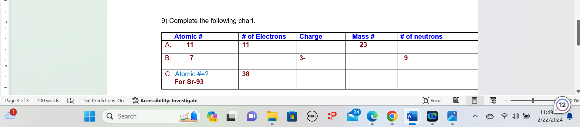 Solved Complete the following chart.\table[[Atomic #,# of | Chegg.com