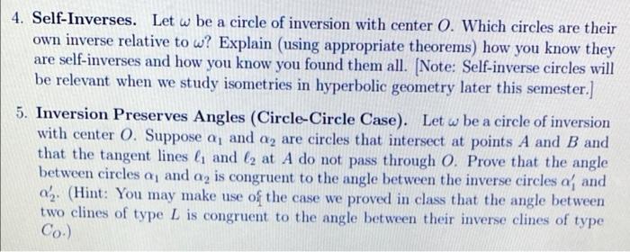 Solved a 4. Self-Inverses. Let w be a circle of inversion | Chegg.com