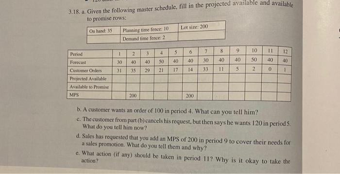 Solved 3 18 A Given The Following Master Schedule Fill In Chegg