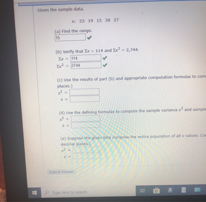 Solved Given the sample data. x: 23 19 15 30 27 (a) Find the | Chegg.com