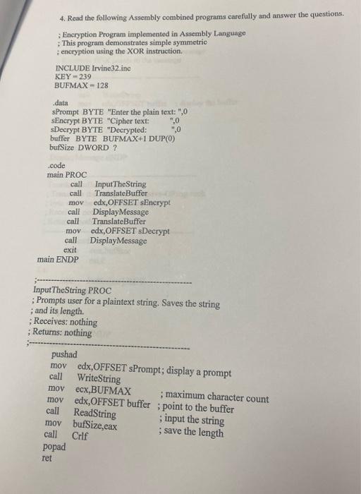 Solved 4. Read the following Assembly combined programs | Chegg.com