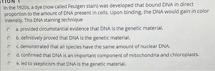 Solved In the 1920s, a dye (now called Feulgen stain) was | Chegg.com