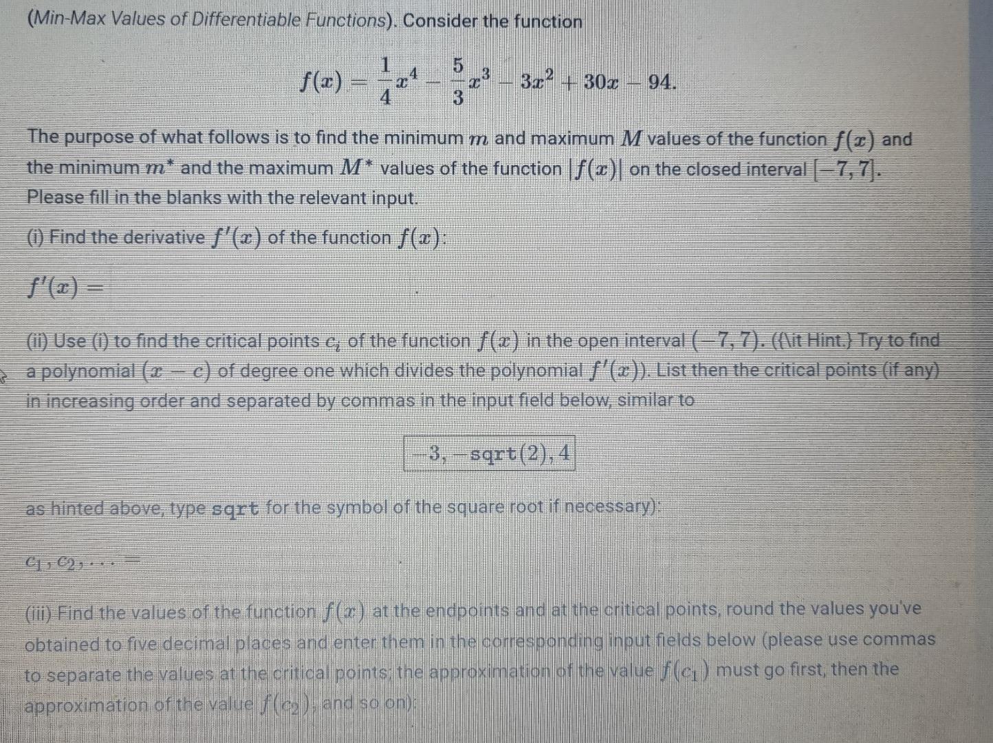 Solved (Min-Max Values of Differentiable Functions). | Chegg.com