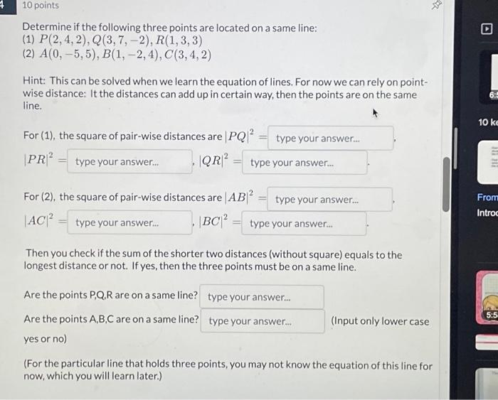 Solved 10 points Determine if the following three points are | Chegg.com