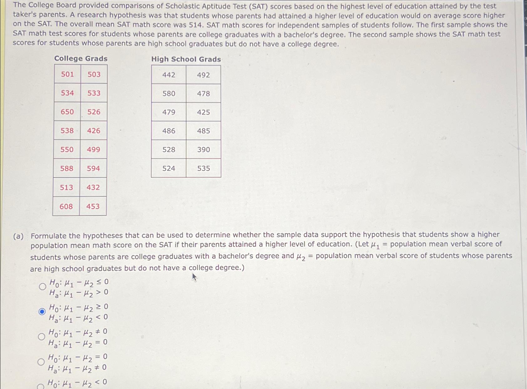 Solved • ﻿• ﻿The College Board provided comparisons of | Chegg.com