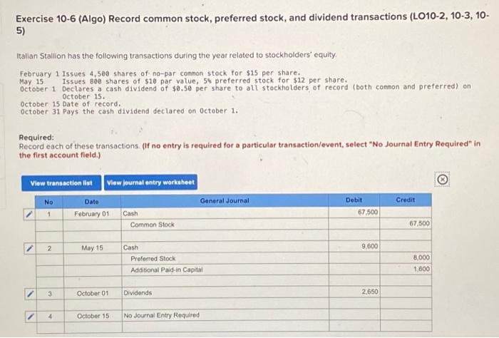Exercise 10-6 (Algo) Record common stock, preferred | Chegg.com