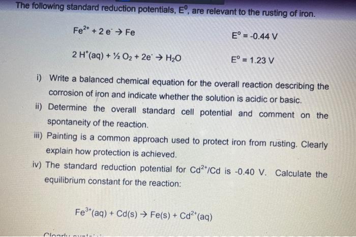 Solved The following standard reduction potentials, Eº, are | Chegg.com