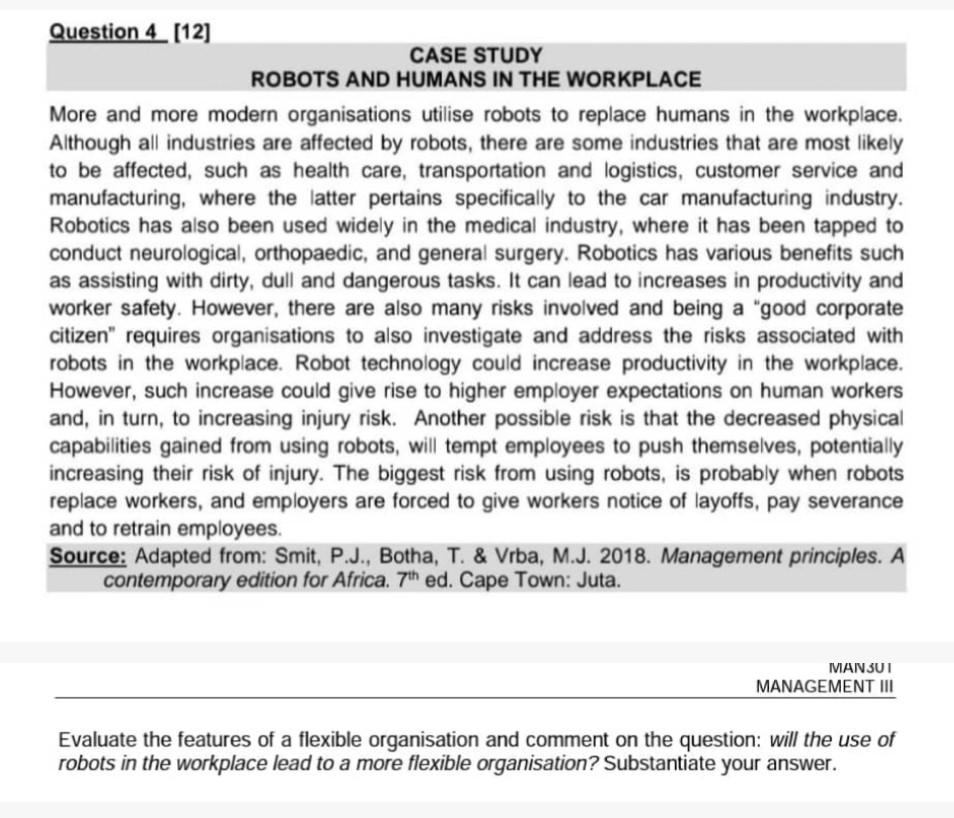 Solved CASE STUDY ROBOTS AND HUMANS IN THE WORKPLACE More | Chegg.com