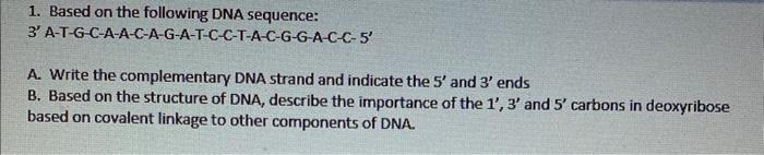 Solved 1. Based on the following DNA sequence: 3’ | Chegg.com