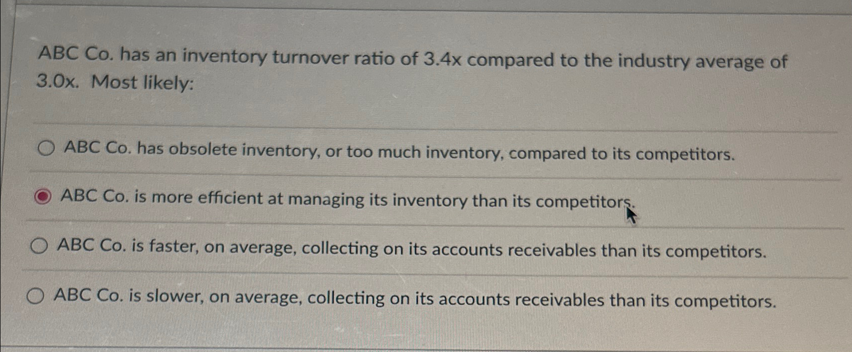 Solved ABCCo. has an inventory turnover ratio of 3.4x | Chegg.com