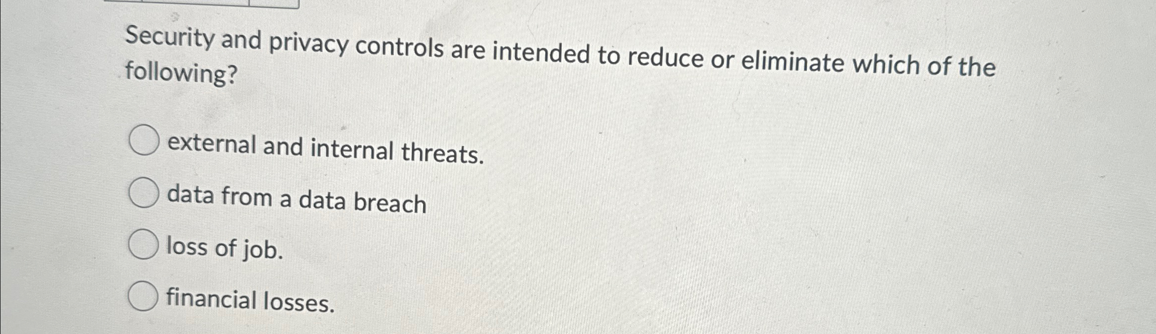 Solved Security and privacy controls are intended to reduce | Chegg.com