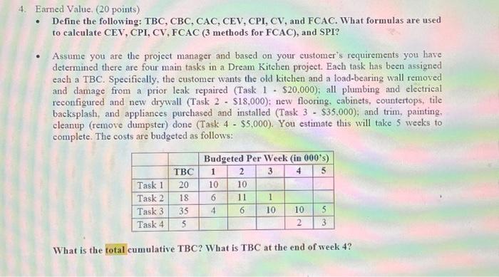 Solved Earned Value. (20 points) - Define the following: | Chegg.com