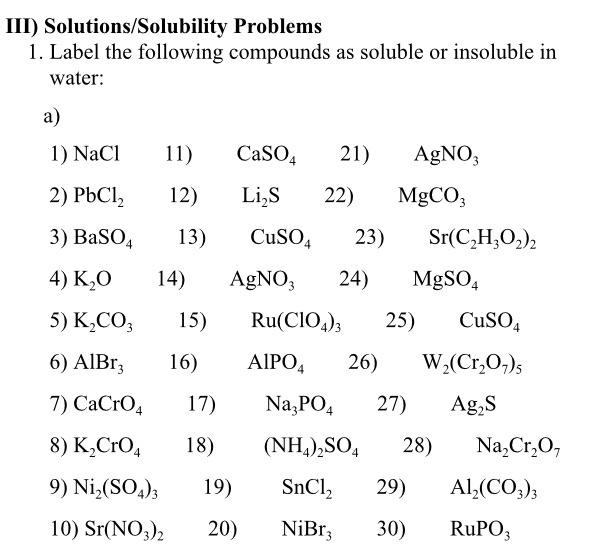 Solved III) Solutions/Solubility Problems 1. Label the | Chegg.com