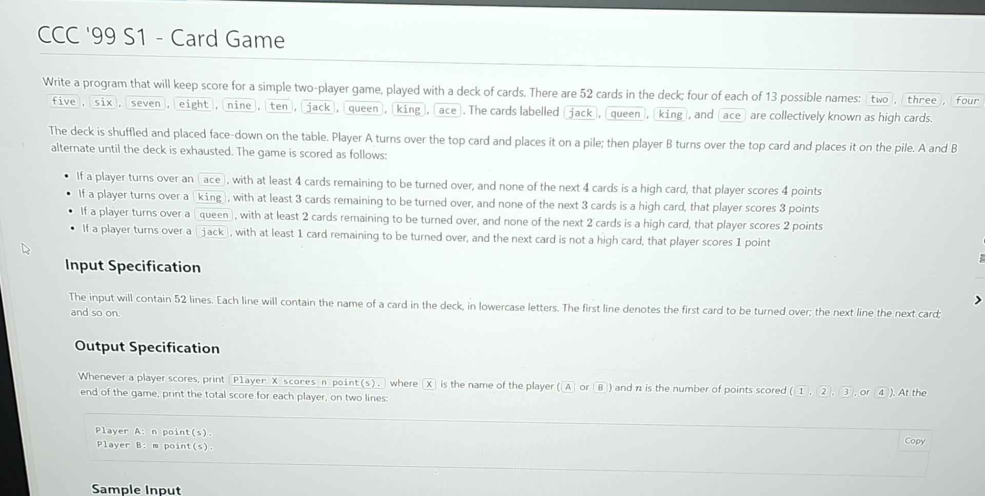 Solved Sample InputSample Output Player A scores 2 point(s). | Chegg.com