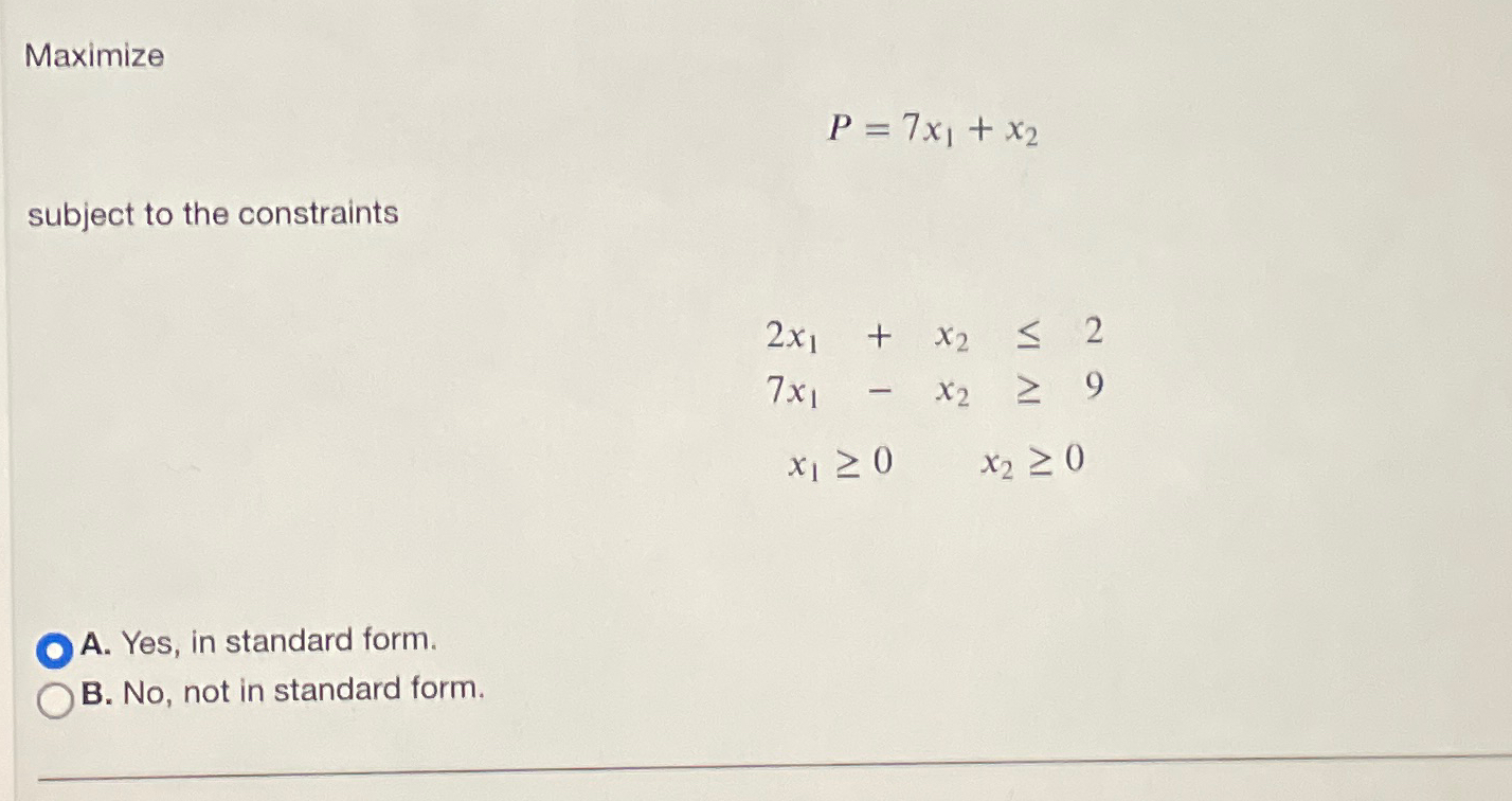 Solved MaximizeP=7x1+x2subject to the | Chegg.com